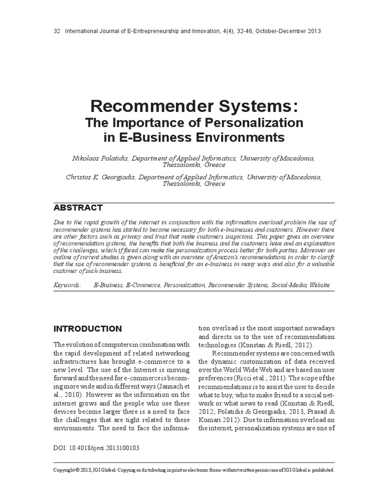 J30 - Recommender Systems - The Importance of Personalization in E Business Environments ...