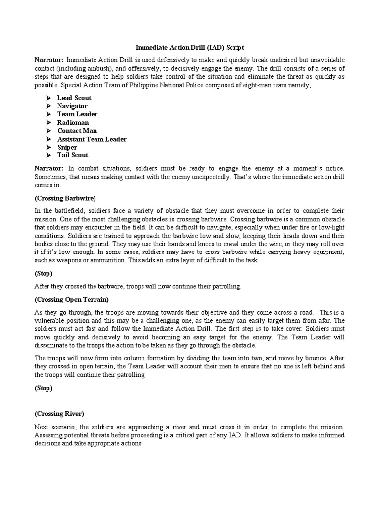 Immediate Action Drill (IAD) Script | PDF | Reconnaissance | Ambush