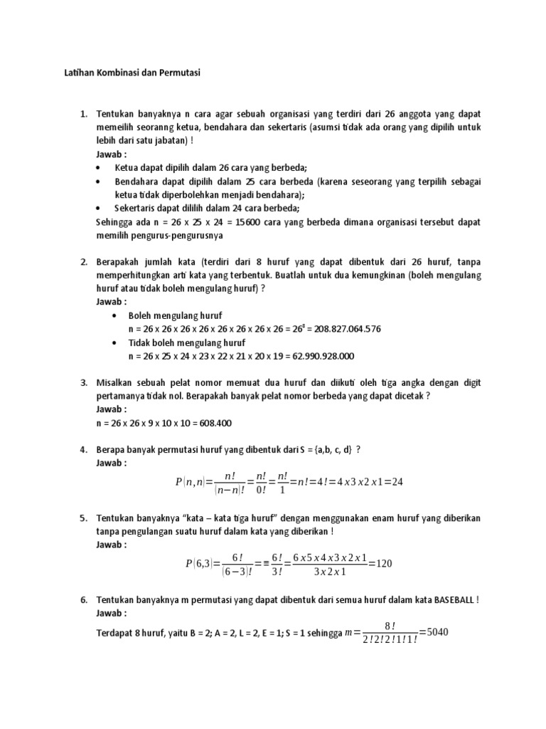 Latihan Kombinasi Dan Permutasi | PDF