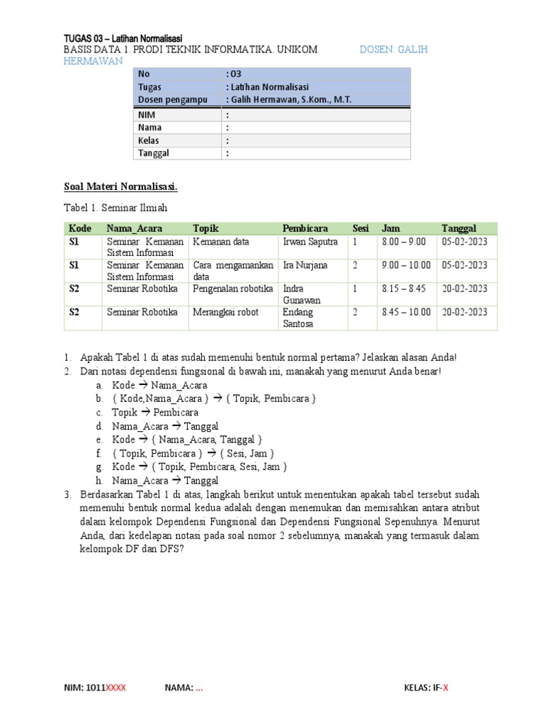 Template - Tugas 03. Latihan Normalisasi (Versi 1b, Jan 2023) | PDF
