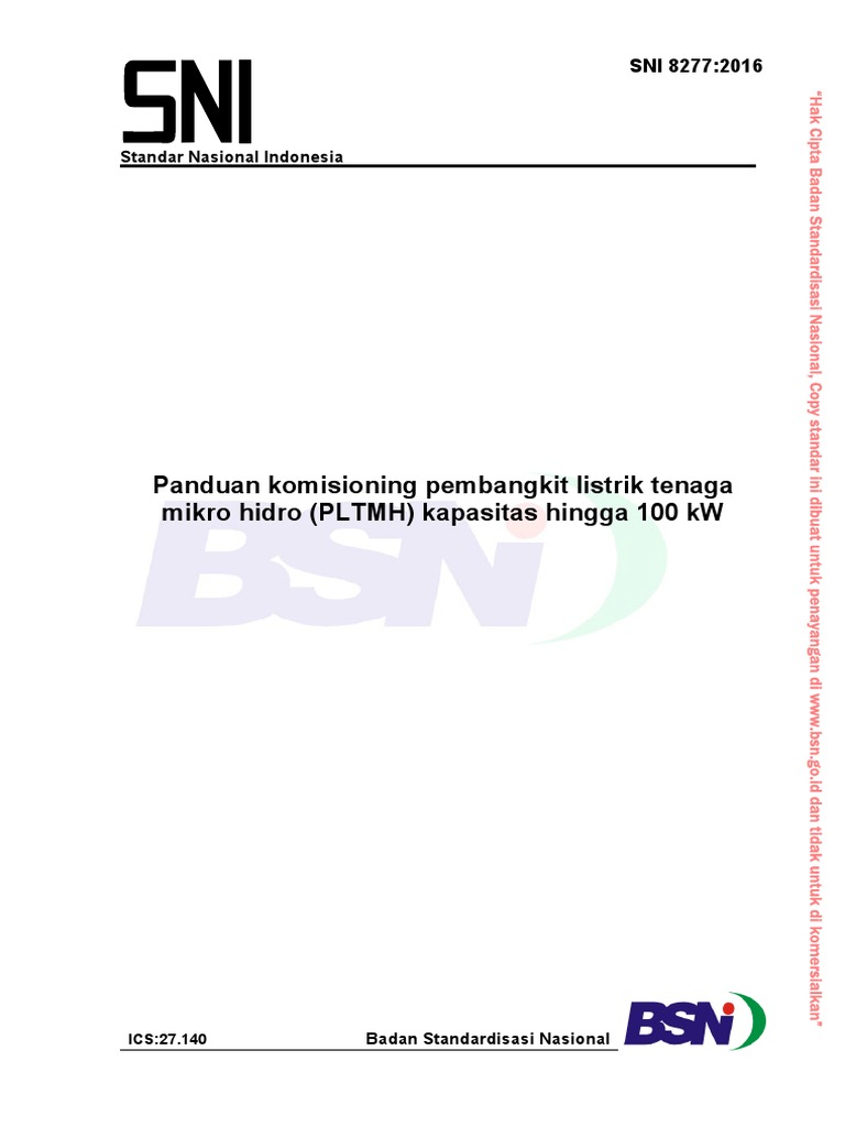 SNI 8277-2016 - Panduan Komisioning PLTMH Kapasitas Hingga 100kW - PDF Edited | PDF