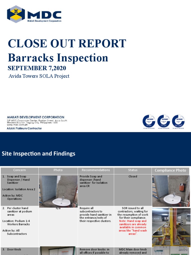 Close Out Report For Barracks Inspection | PDF | Safety