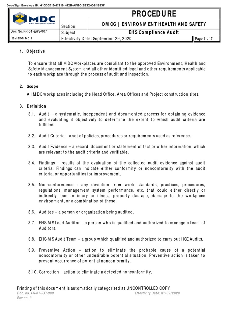 EHS Compliance Audit Procedure Guide | PDF | Audit | Regulatory Compliance