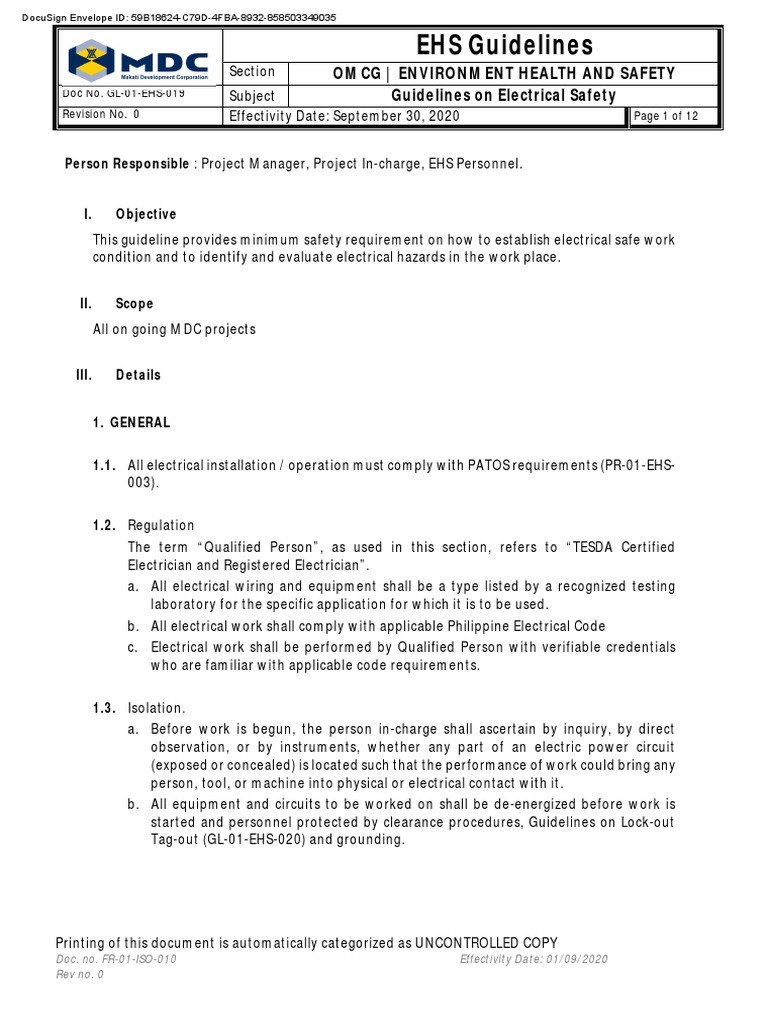 GL-01-EHS-019 Guidelines On Electrical Safety | PDF | Ac Power Plugs And Sockets | Electrical ...