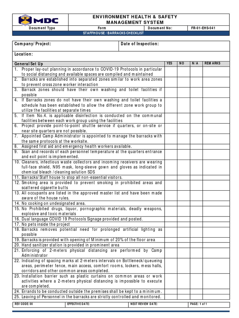 FR-01-EHS-041 Staffhouse Barracks Inspection Checklist | Download Free ...