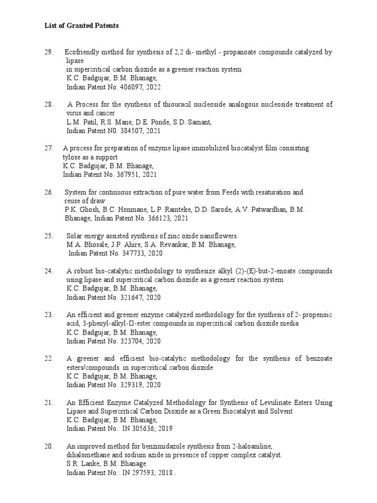 List of Granted Patents in Chemistry | PDF | Catalysis | Alkene