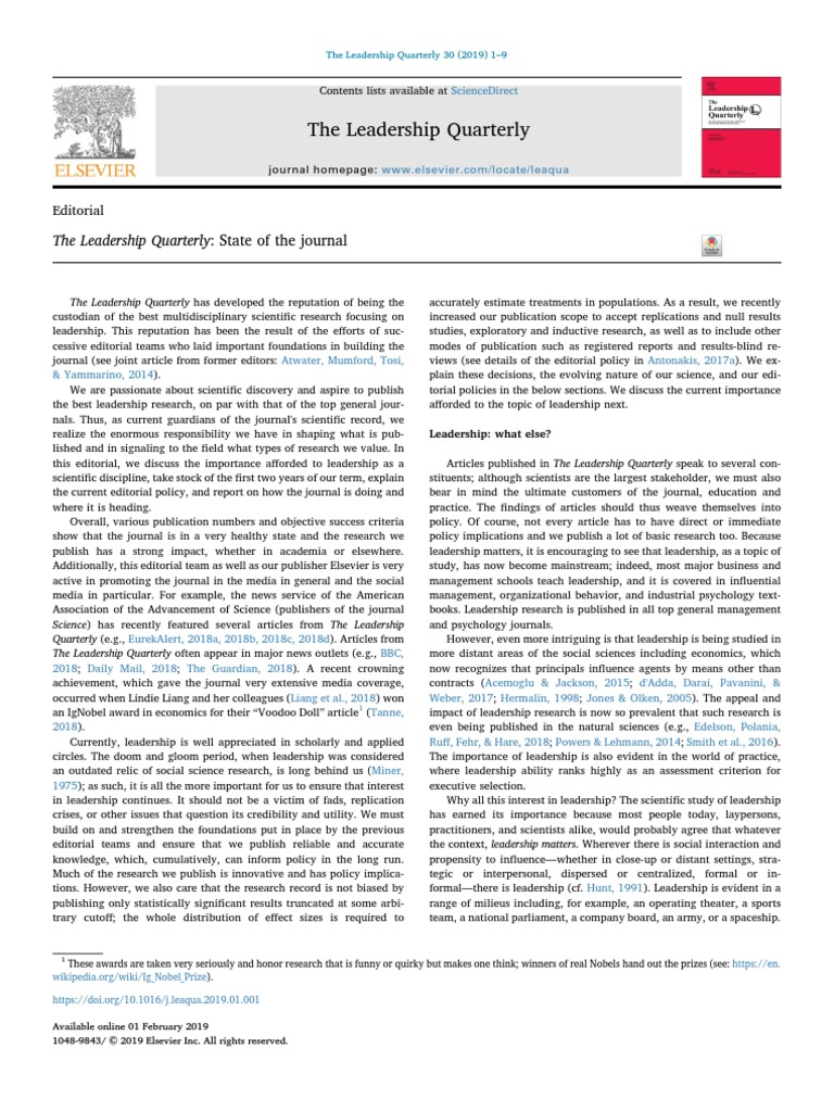 The Leadership Quarterly State of The Journal - 2019 - The Leadership ...