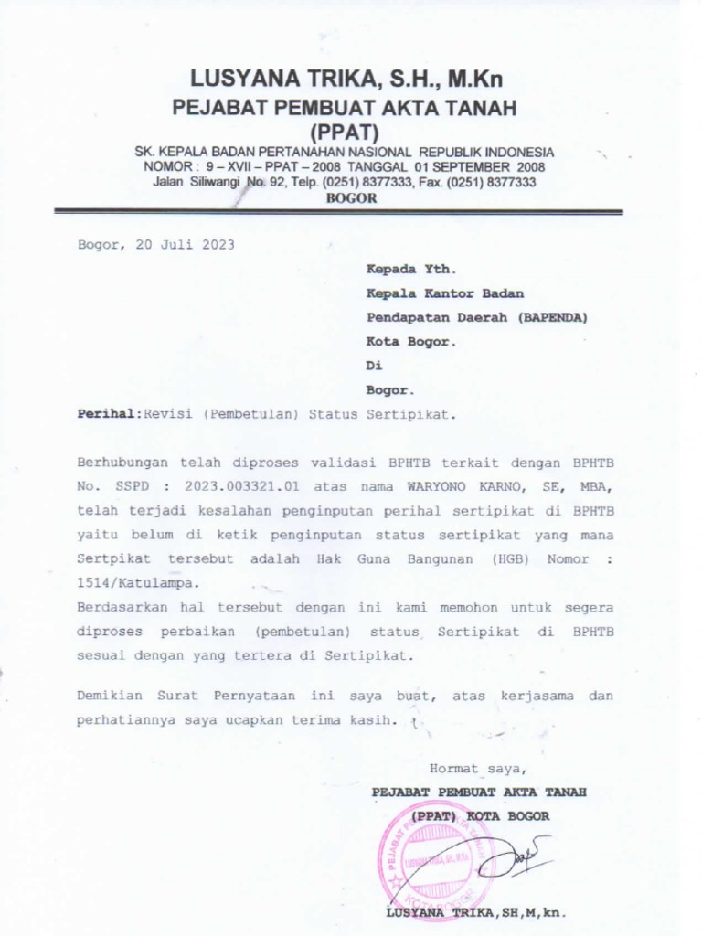 Surat Pembetulan BPHTB Perihal Status Sertipikat | PDF