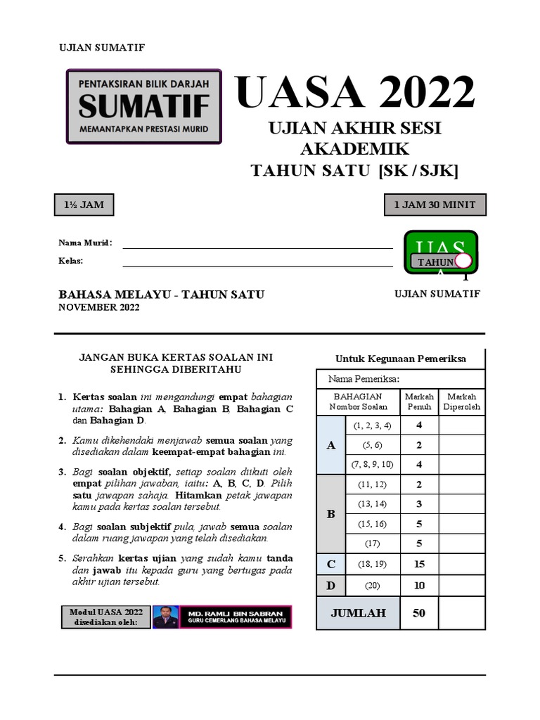 Set Uasa BM Tahun-1 Guru | PDF