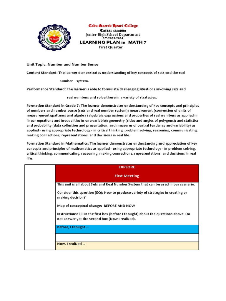 Unit Learning - Math7 Quarter 1 | PDF | Set (Mathematics) | Numbers