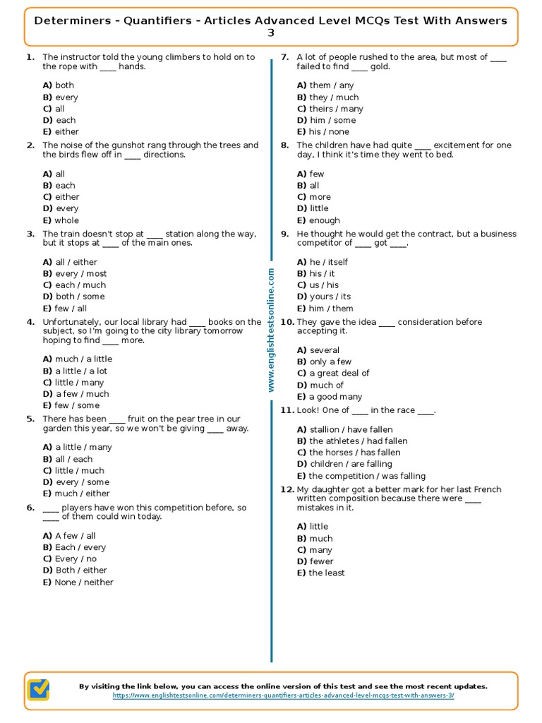910 Determiners Quantifiers Articles Advanced Level Mcqs Test With ...