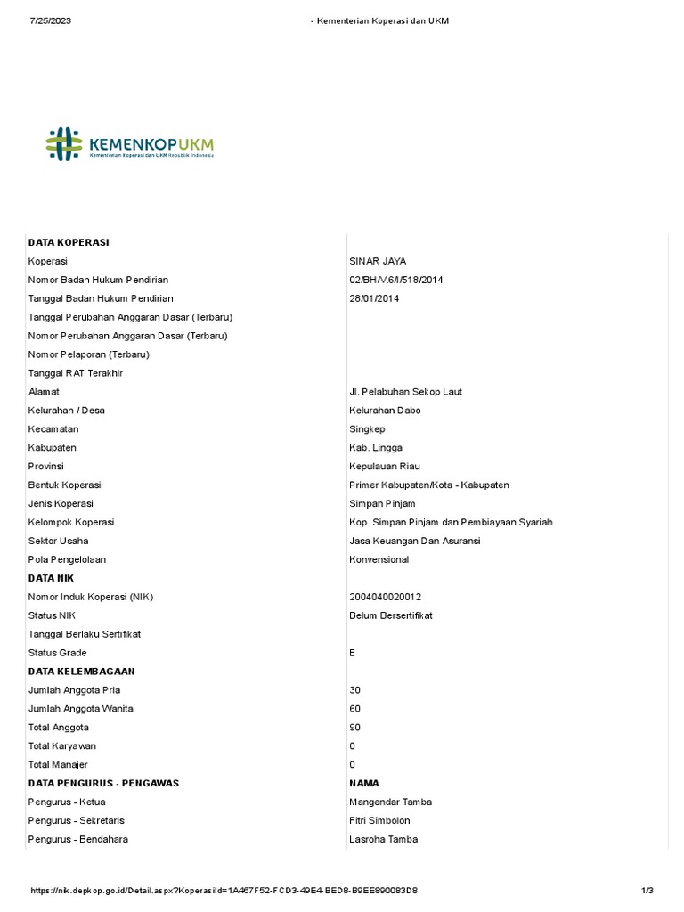 Profil Koperasi Sinar Jaya | PDF