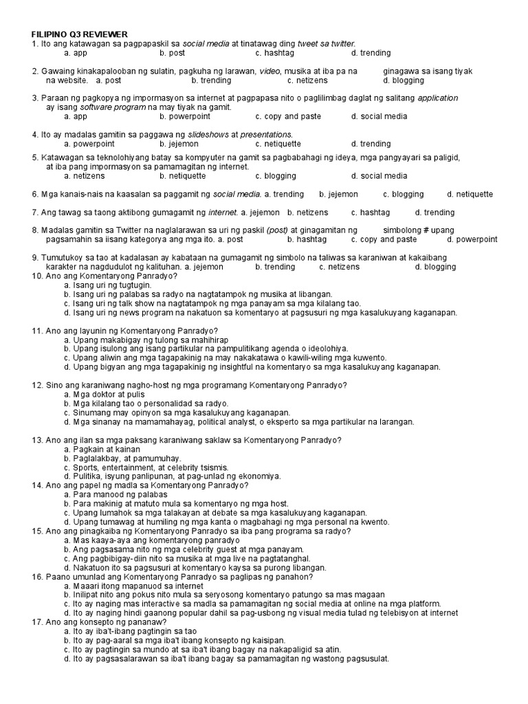 Filipino Q3 Reviewer | PDF
