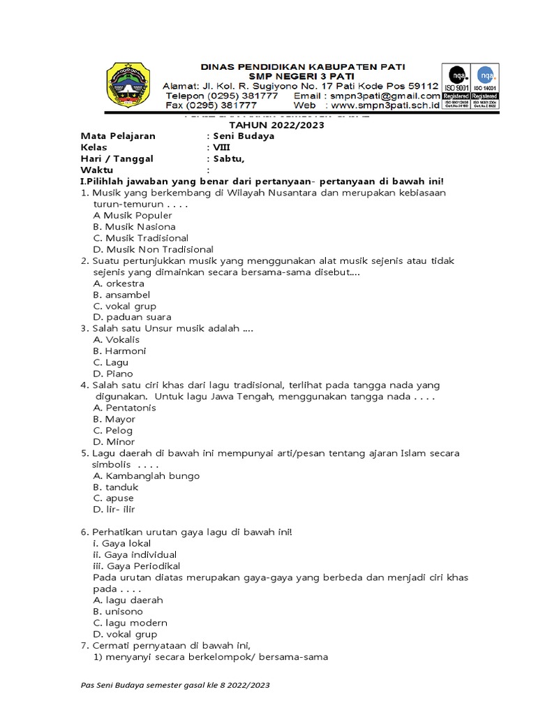 PENILAIAN AKHIR SEMESTER GASAL Kls 8 - SENI BUDAYA-1 | PDF