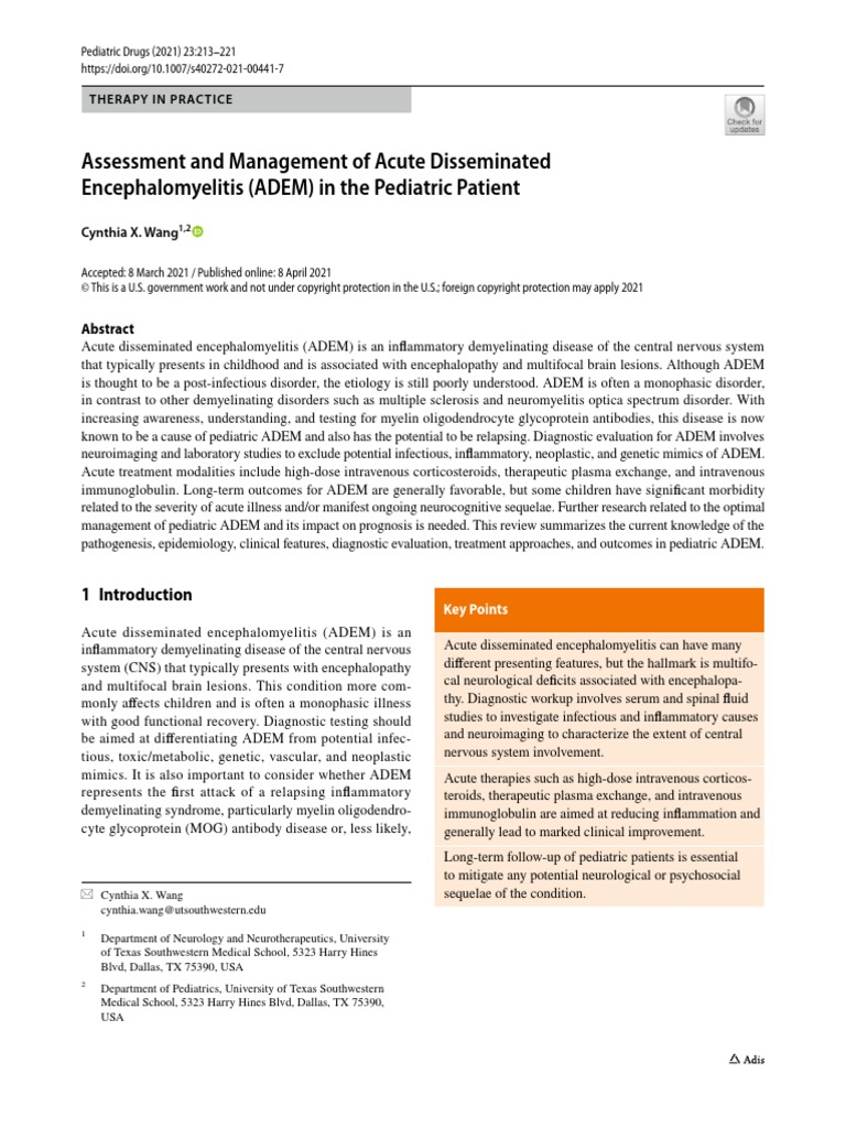 Assessment and Management of Acute Disseminated Encephalomyelitis (ADEM ...