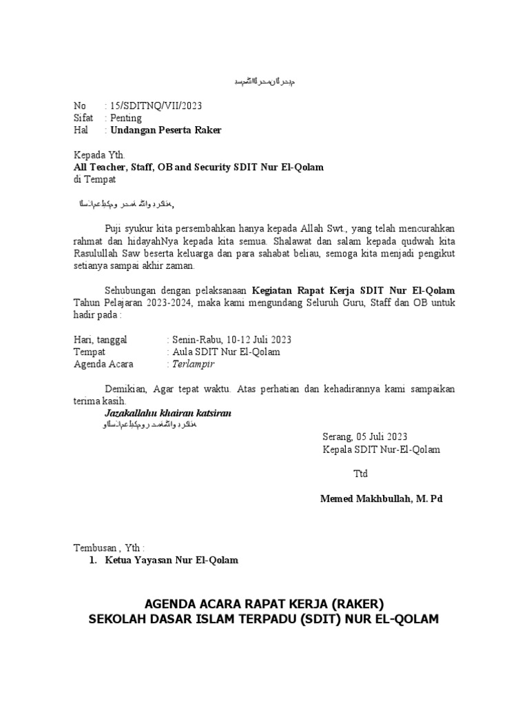 Surat Undangan Dan Agenda Raker 2023 | PDF