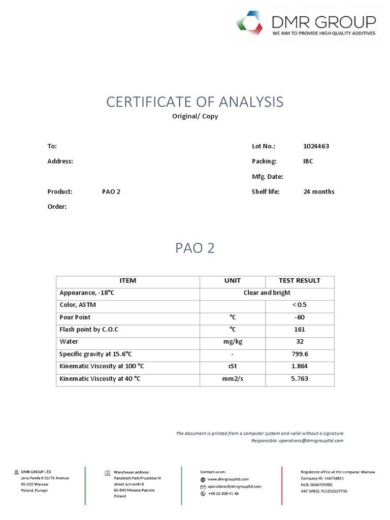 Certificate of Analysis for PAO 2 | PDF