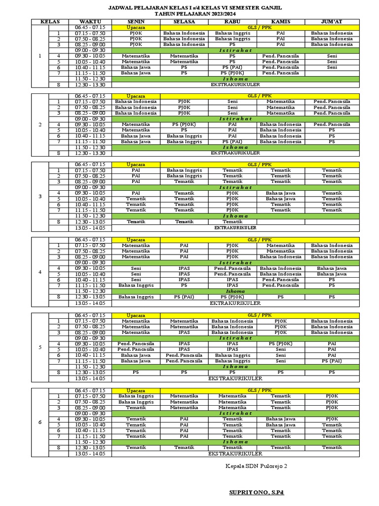 Jadwal Pelajaran Semester Ganjil 2023-2024 | PDF