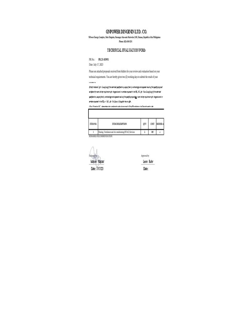 Technical Evaluation Form - TRANE | PDF