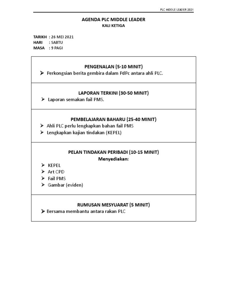 Agenda PLC Middle Leader Ketiga Tahun 2021 | PDF