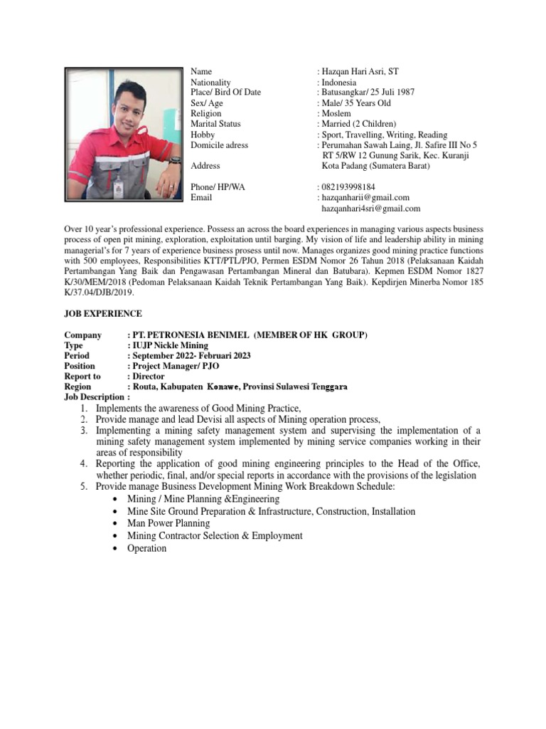 CV Hazqan Hari Asri - 2023 | PDF | Mining | Heavy Industry