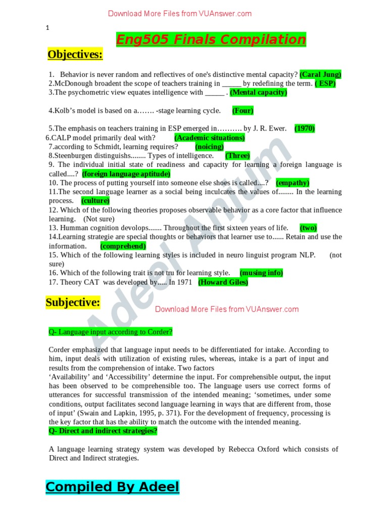 Eng505 Finals Compilation by Ad-Watermarked | PDF | Second Language Acquisition | Learning