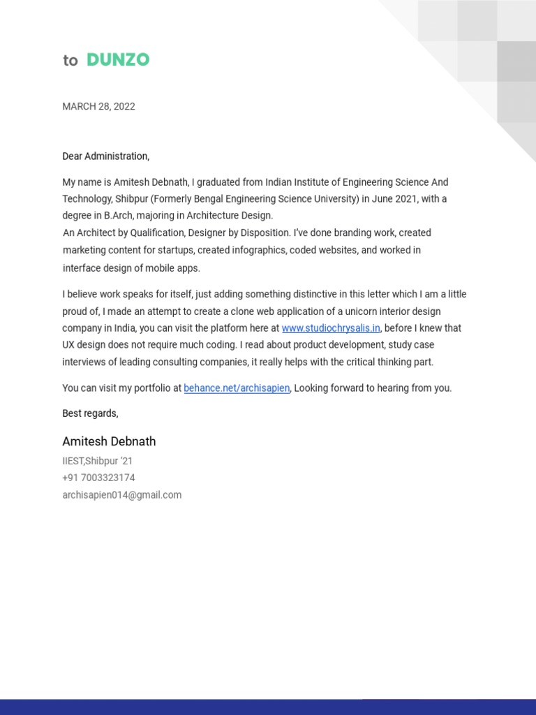 Amitesh Debnath Dunzo Cover Letter | PDF