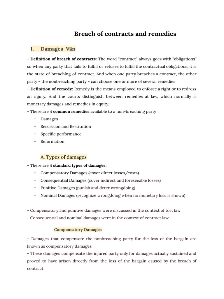 Breach of Contract: Damages and Remedies | PDF | Damages | Breach Of ...