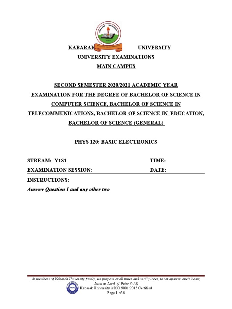 PHYS 120 BASIC ELECTRONICS - Kabarak University - Docx Filename UTF-8''PHYS 120 | PDF ...
