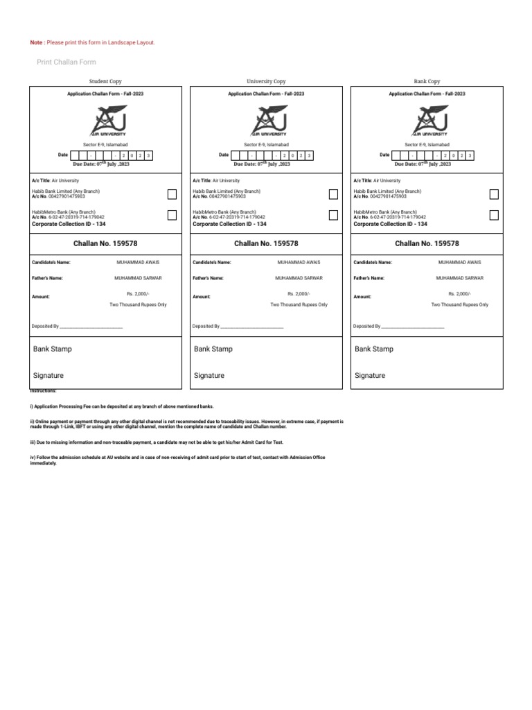 Challan Form - Air University | PDF | Service Industries | Banking