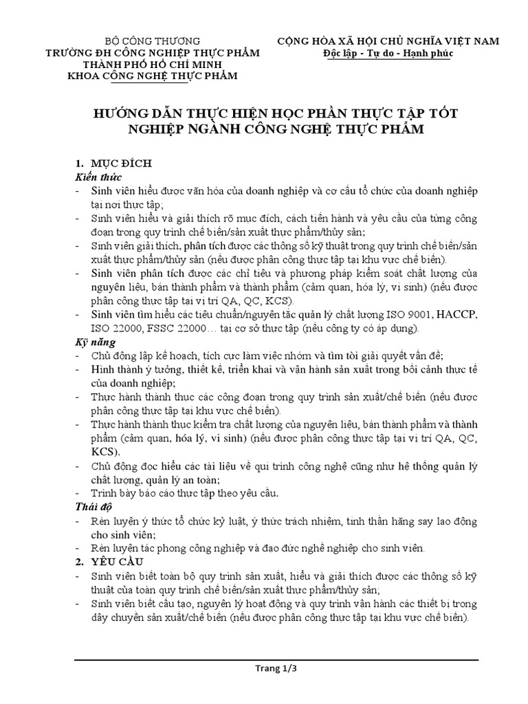 Huong Dan Thuc Hien Hoc Phan TTTN Nganh CNTP - 2TC | PDF