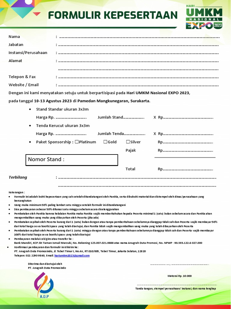 Formulir Kepesertaan Pameran (Umkm Expo 2023 Solo) | PDF