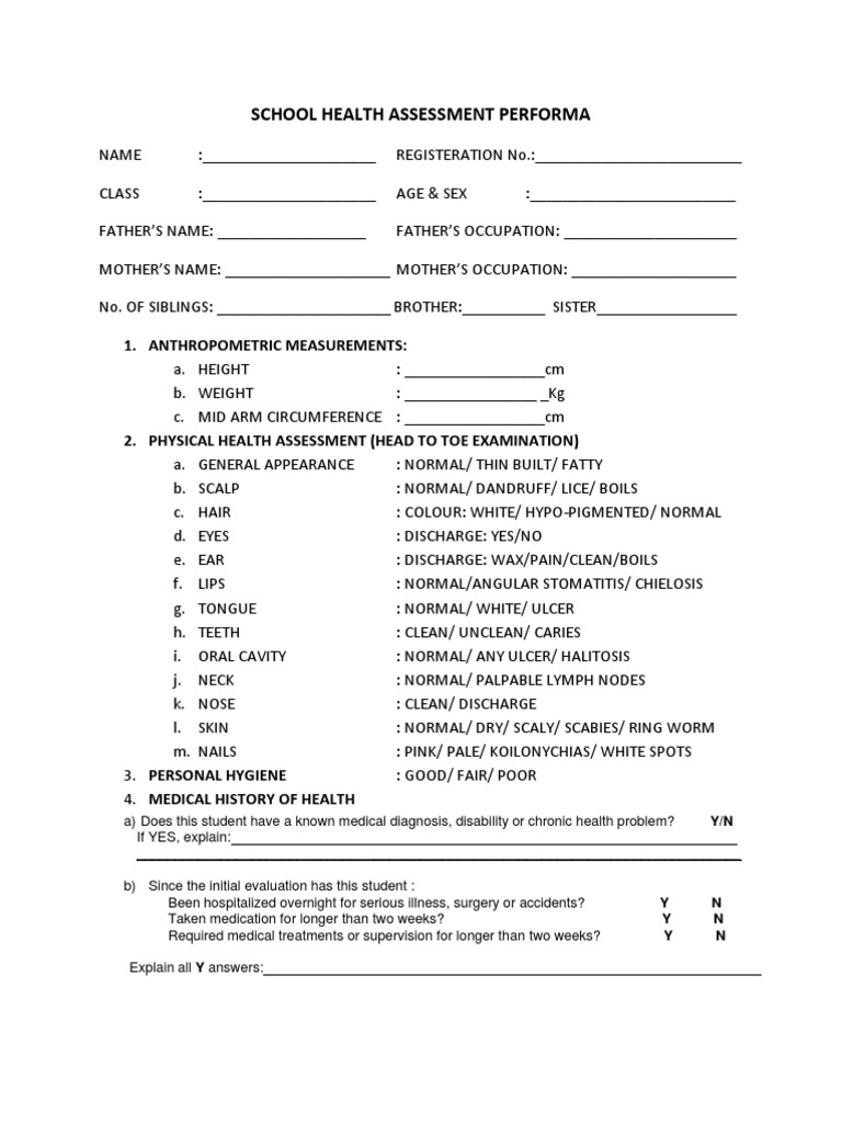 School Health Assessment Performa | PDF | Wellness | Lifestyle