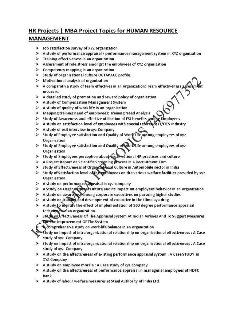 HR Projects - MBA Project Topics For HUMAN RESOURCE Management | PDF ...