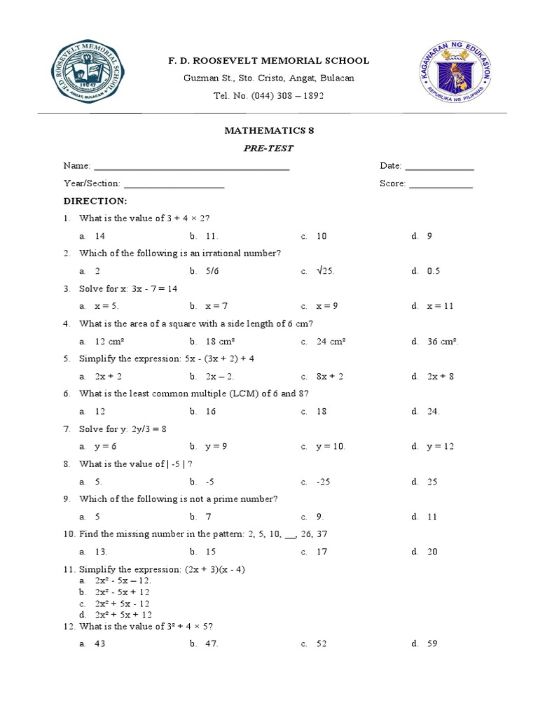 PRETEST | PDF | Circle | Elementary Geometry