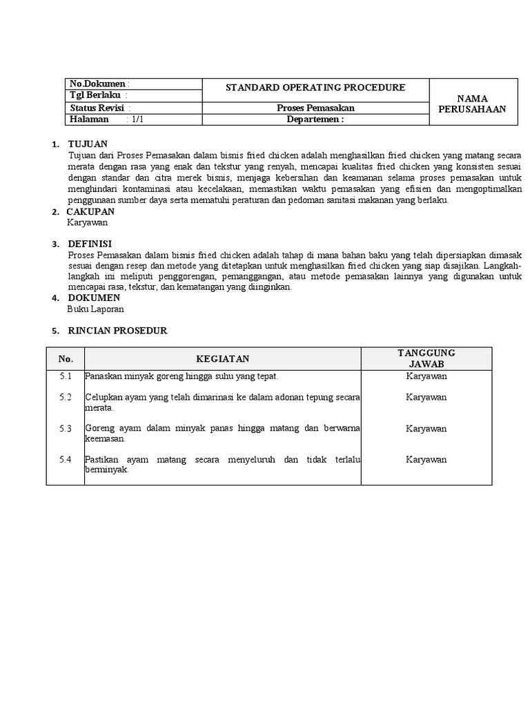SOP Pemasakan Fried Chicken | PDF | Teknologi & Rekayasa