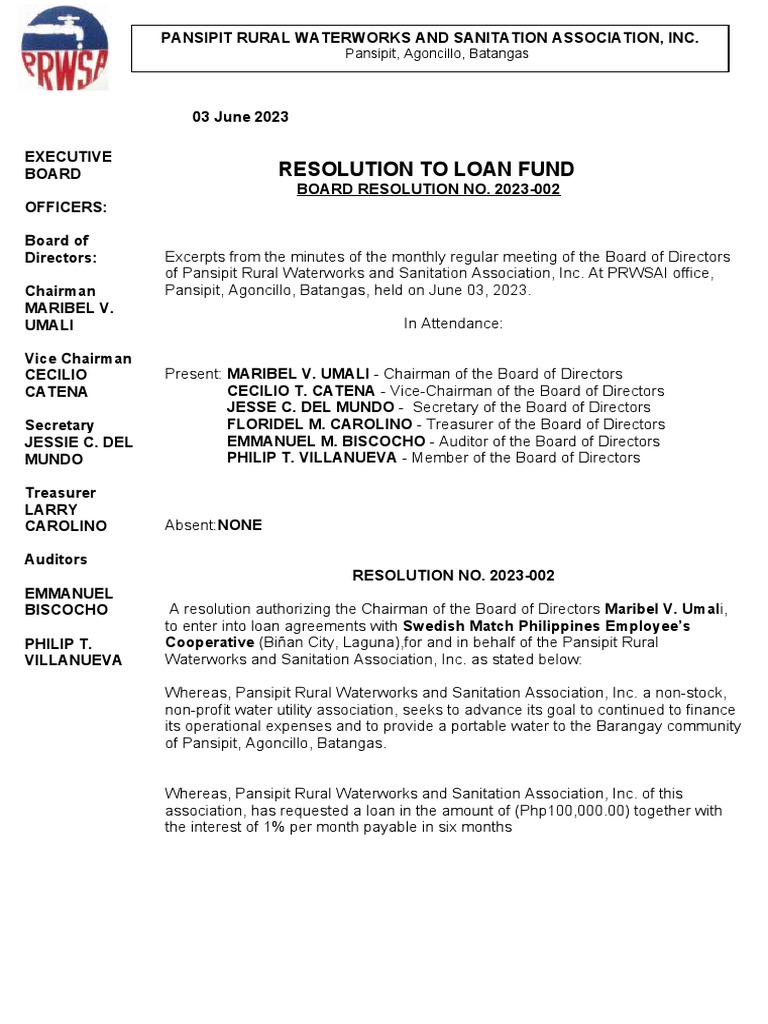PRWSI Board Resolution 2023_002 Loan Funds | PDF