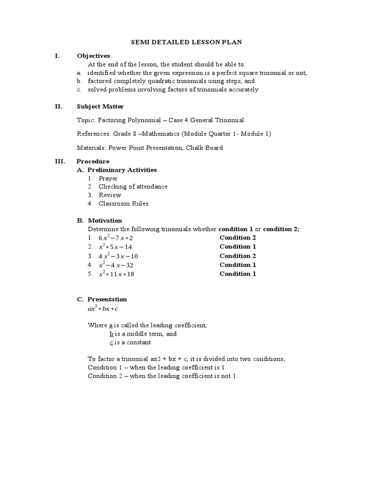 Factoring Quadratic Trinomials Lesson Plan | PDF | Factorization ...