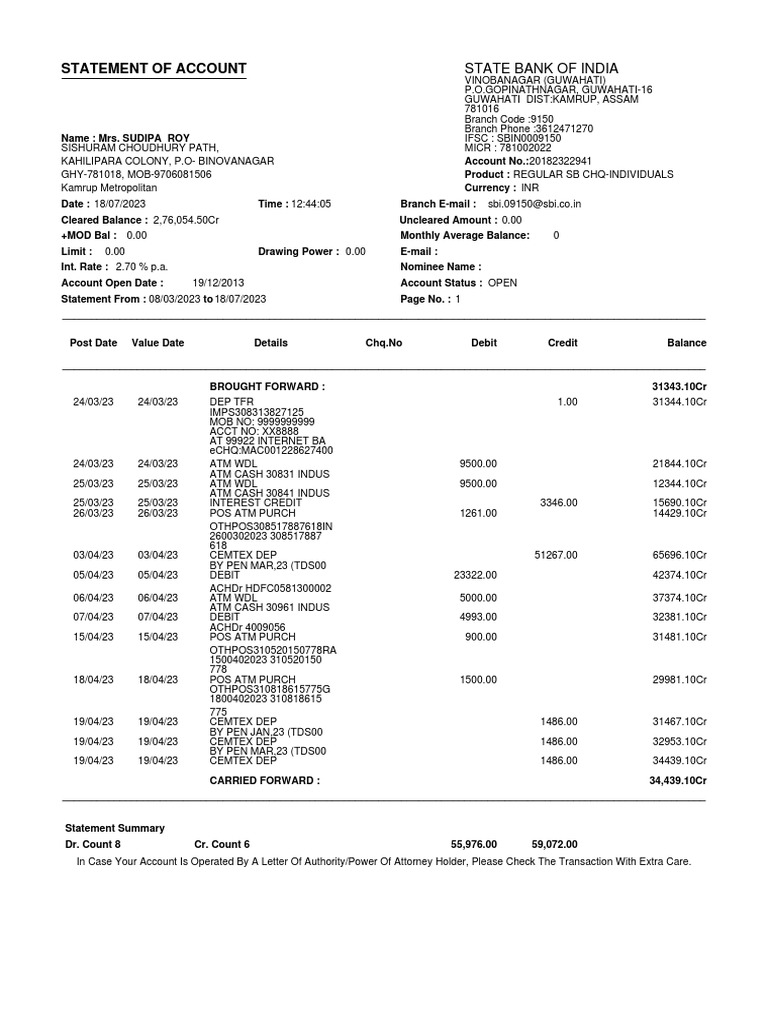 STATEMENT Format Svi | PDF | Debit Card | Automated Teller Machine