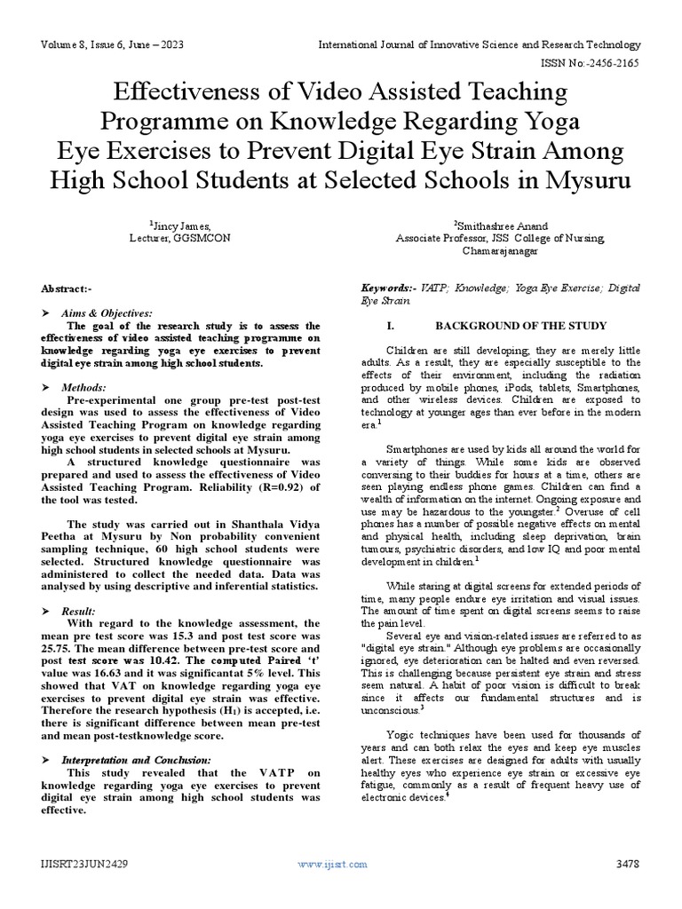 Effectiveness of Video Assisted Teaching Programme On Knowledge Regarding Yoga Eye Exercises To ...
