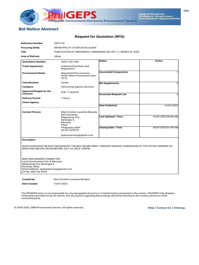 Printable Bid Notice Abstract | PDF