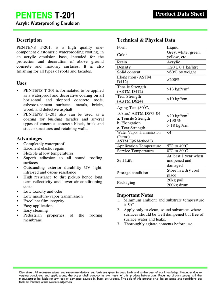 Pentens T-201 Data Sheet | PDF | Concrete | Coating