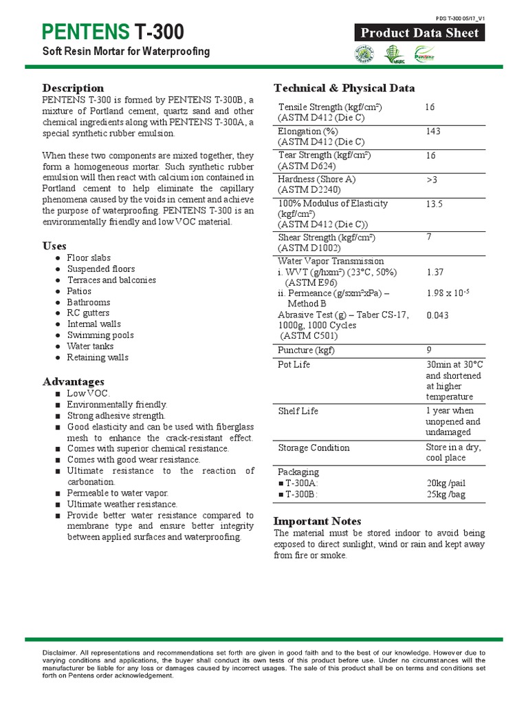 Pentens T-300 Data Sheet | PDF | Cement | Secondary Sector Of The Economy