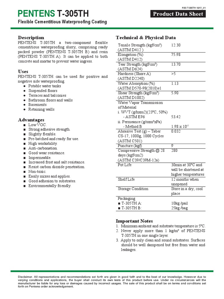 Pentens T-305 TH Data Sheet | PDF | Concrete | Water