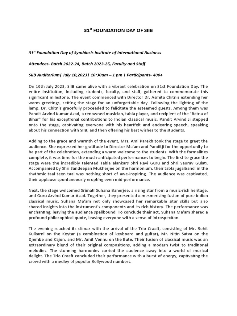 Foundation Day Report Draft 3 | PDF | Classical And Art Music ...