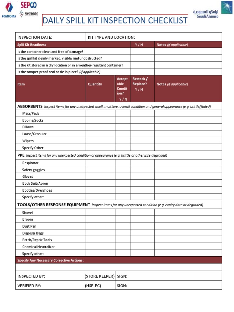 Daily Spill Kit Insp. Checklist | PDF Daily Spill Kit Insp. Checklist | PDF