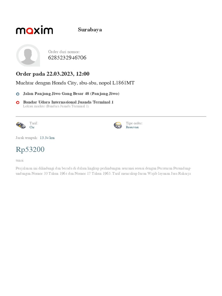 Bukti Perjalanan Dengan Maxim Indonesia Dari 22.03.2023, 12 - 00 | PDF