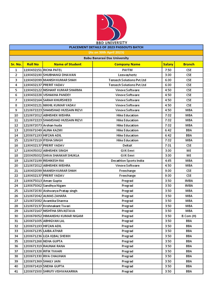 Bbdu 2023 Placement Summary | PDF