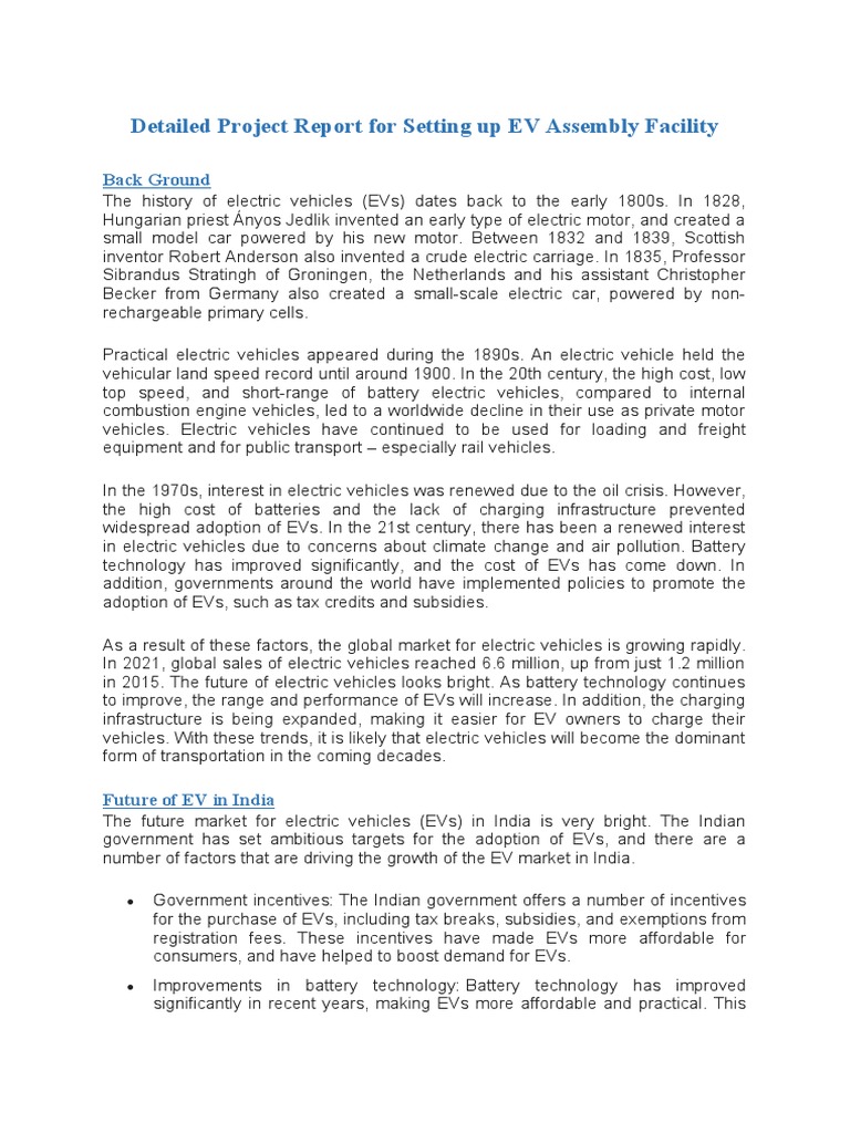 Detailed Project Report For Setting Up EV Assembly Facility: Back ...