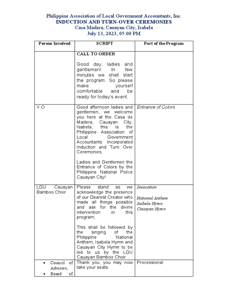 PHALGA Induction Tur Over Ceremonies Script | PDF | Accountant | Business